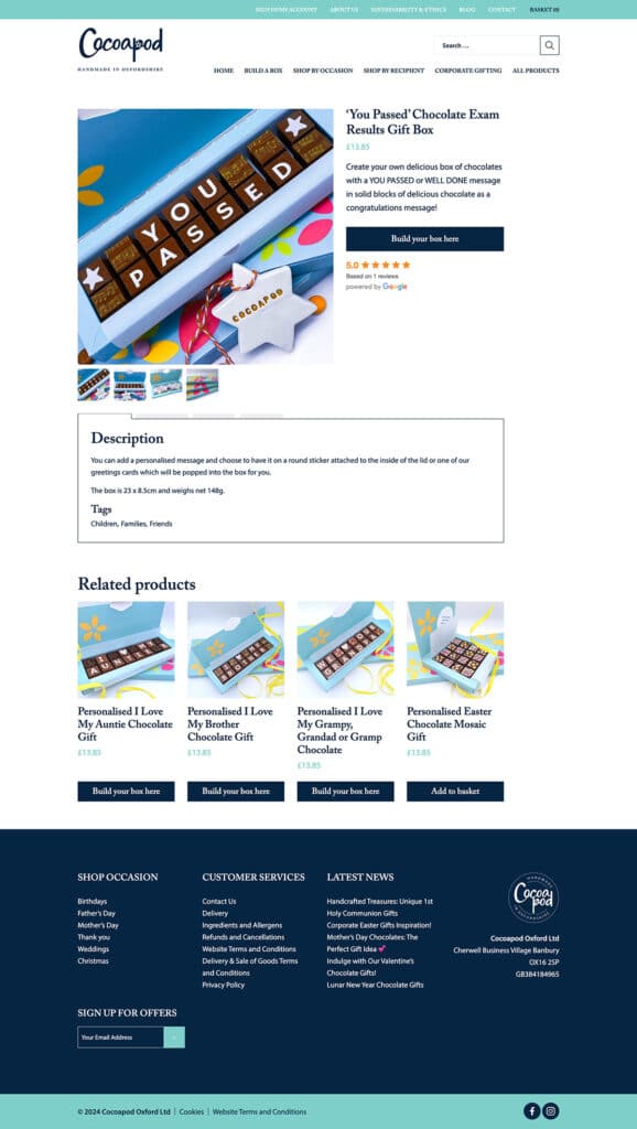 Bespoke WordPress site for chocolate gift company.